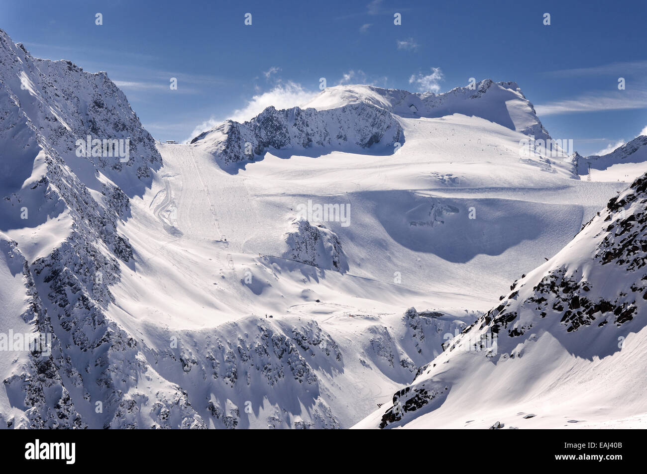 Ski pistes and lifts on Glacier in Solden ski resort in Otztal Alps in ...
