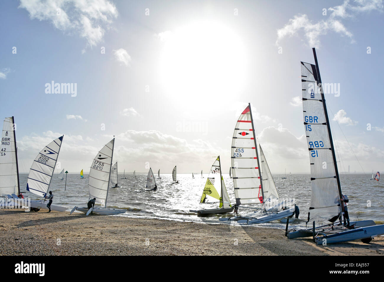 Preparing to launch sailing dinghies into the Thames Estuary sunshine ...