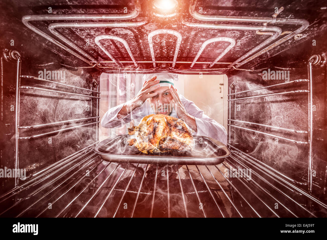 Funny chef overlooked roast chicken in the oven, so she had scorched ...