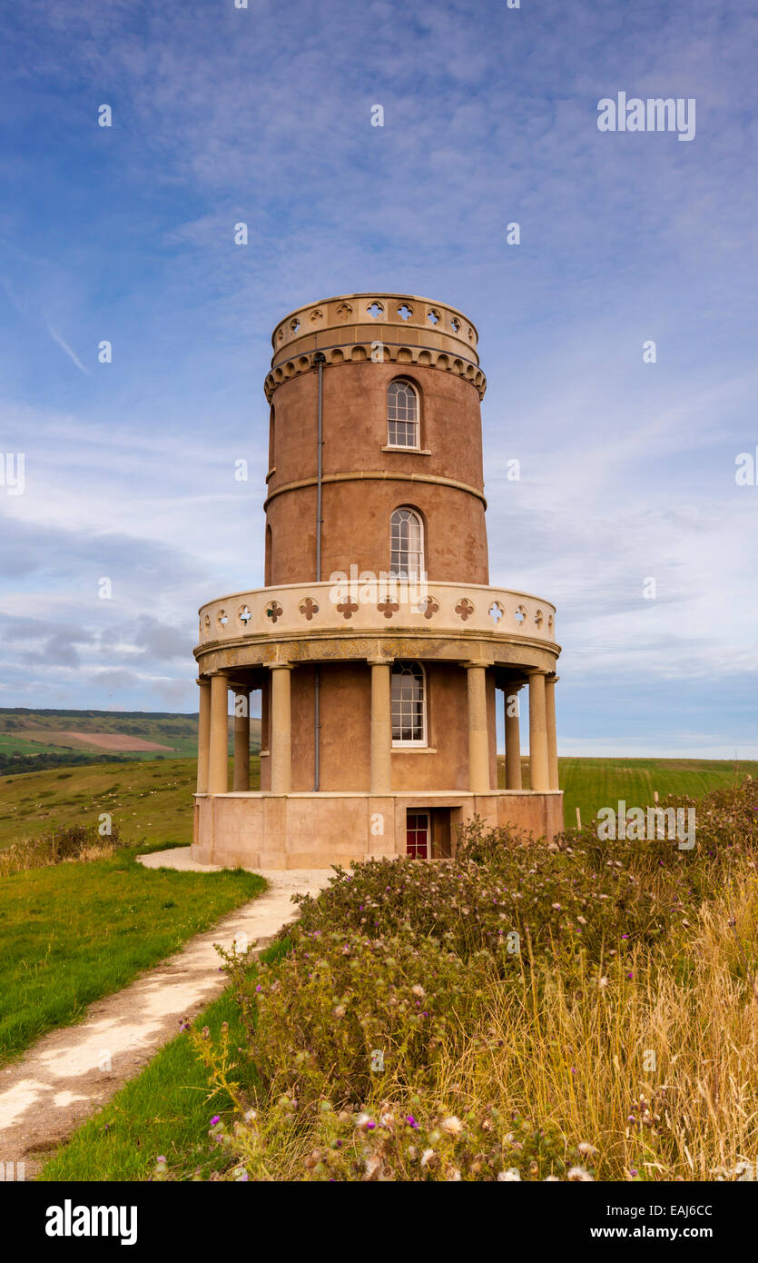 Cliff-top folly on the Dorset coast, England. The tower was dismantled ...