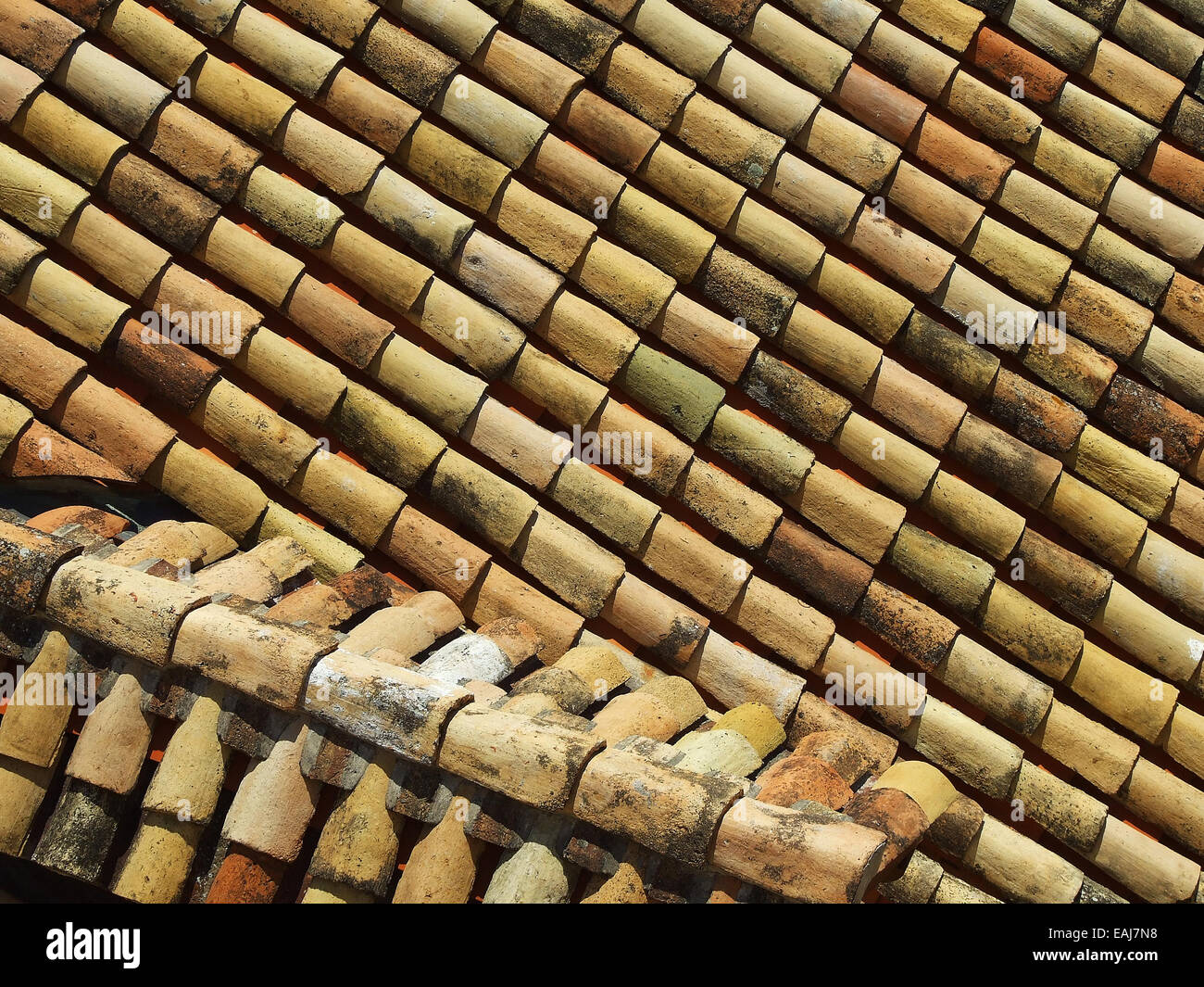 roof covering of ceramic rustic tiles, aerial view, background Stock ...