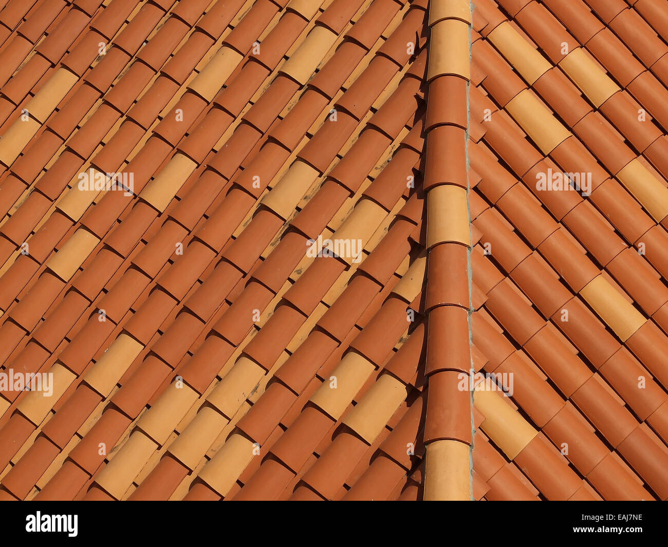 Roof covering of ceramic rustic tiles, aerial view, background Stock ...