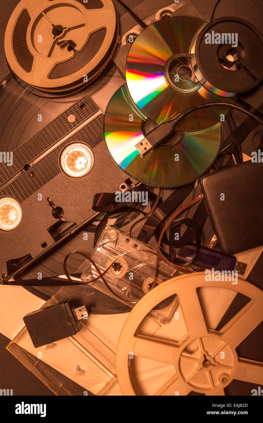 Collection of retro audio and video tapes. Shallow depth of field Stock ...