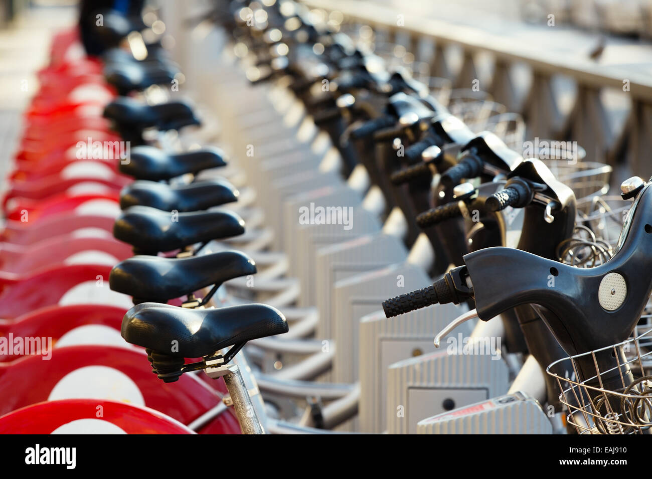City Hire Bicycles Parked In Row. Small GRIP Stock Photo - Alamy