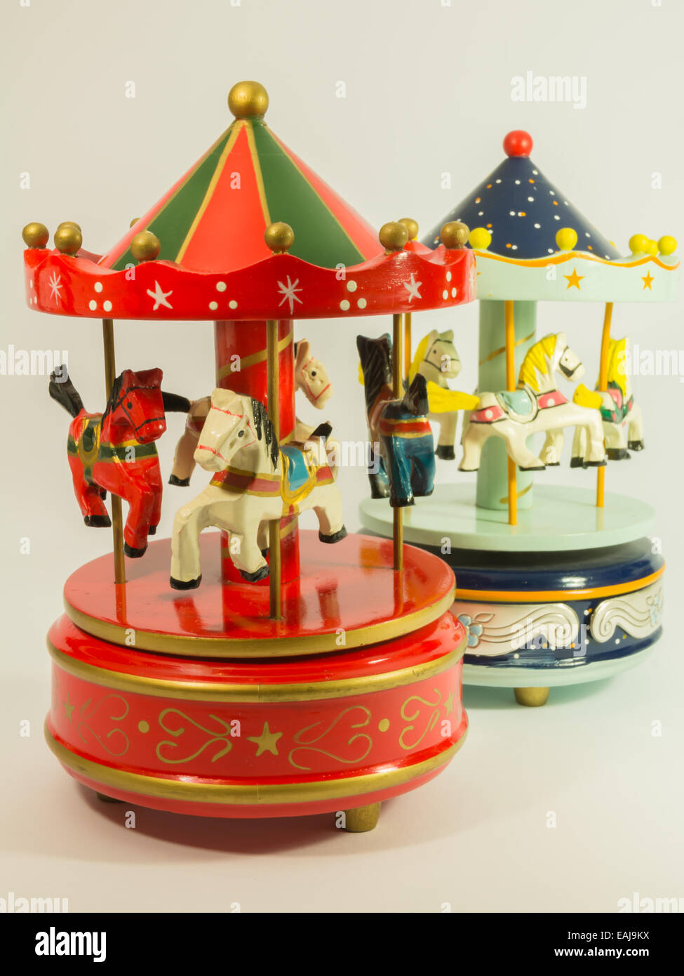 sky blue and red merry-go-round horse carillon, wooden carouse Stock ...