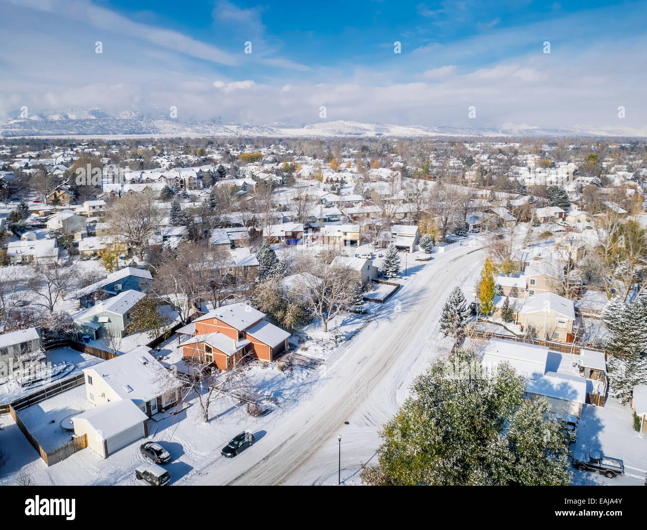 cityscape with first snow - aerial view of a residential area of Fort ...