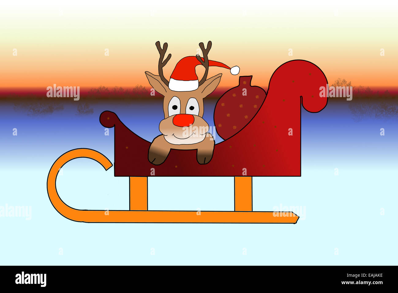 Rudolph sitting in Santas sleigh Stock Photo - Alamy