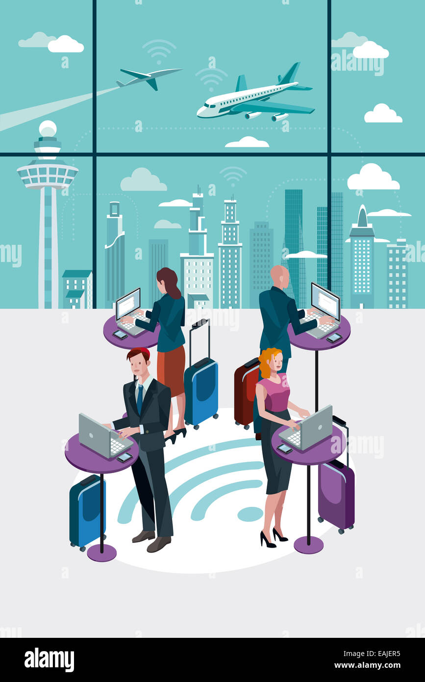 Business people standing using their laptop computer in the airport ...