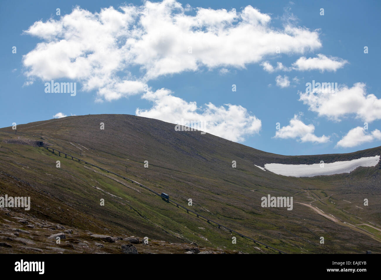 The summit of Cairn Gorm and funicular railway from the slope leading ...