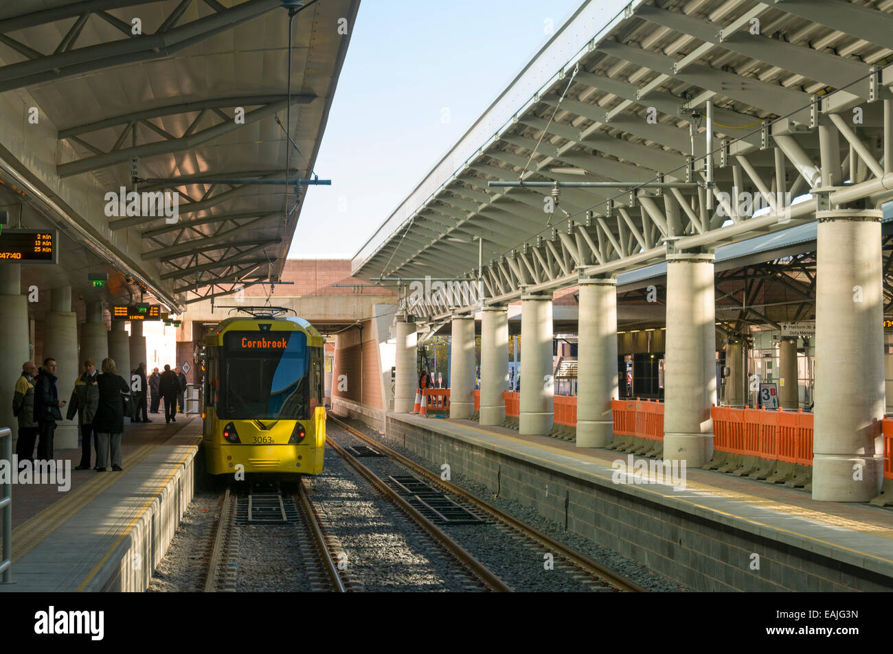 Metrolink tram at the Manchester Airport terminus, Manchester, England ...