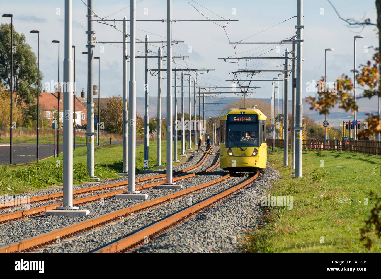 A Metrolink tram, on the Airport Line near Manchester Airport ...