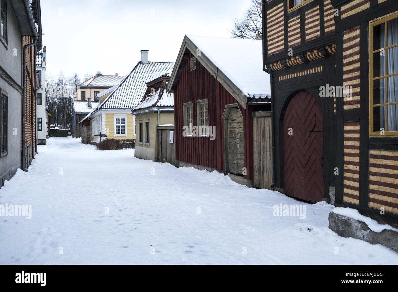 Old street with snow in Oslo rebuild at the Folkemuseum in Oslo Stock ...