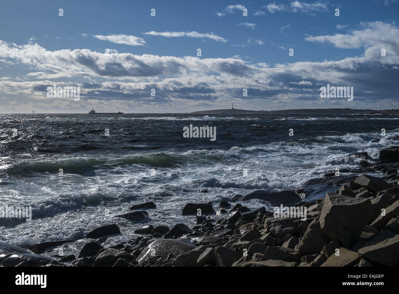 Oslofjord coastline at Hvaler island with a ship offshore Stock Photo ...