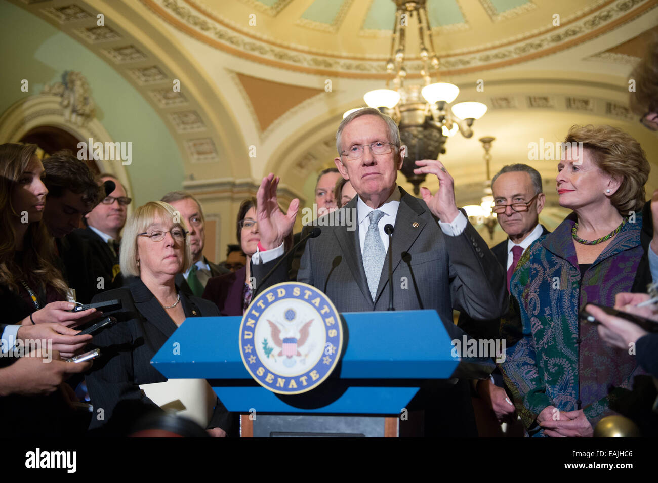 US Senate Majority Leader Senator Harry Reid speaks to members of the ...