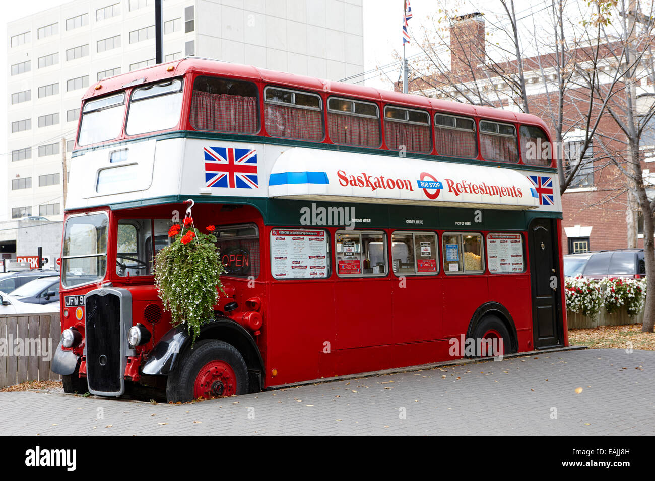 saskatoon refreshments double decker red bus stop Saskatchewan Canada ...