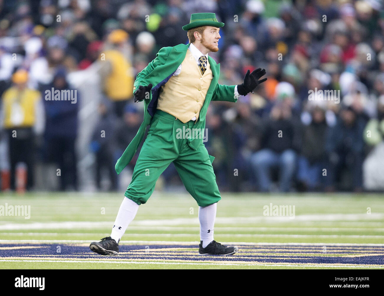 Overtime. 15th Nov, 2014. The Notre Dame Leprechaun leads cheers during ...