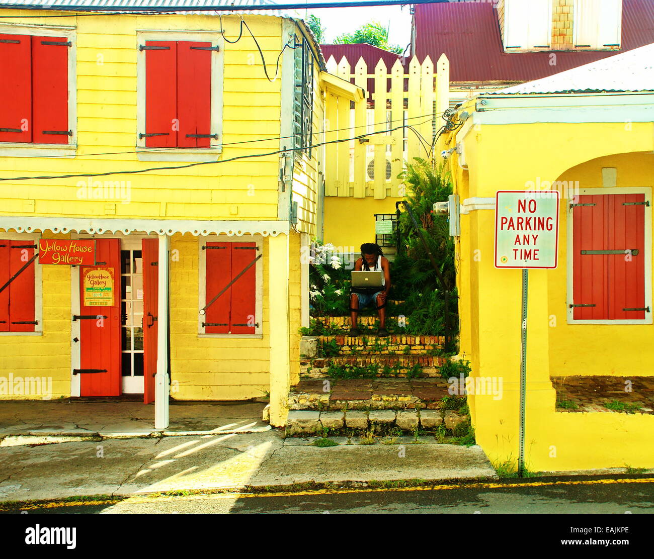 Yellow and red buildings in downtown St. Croix, US Virgin Islands with ...