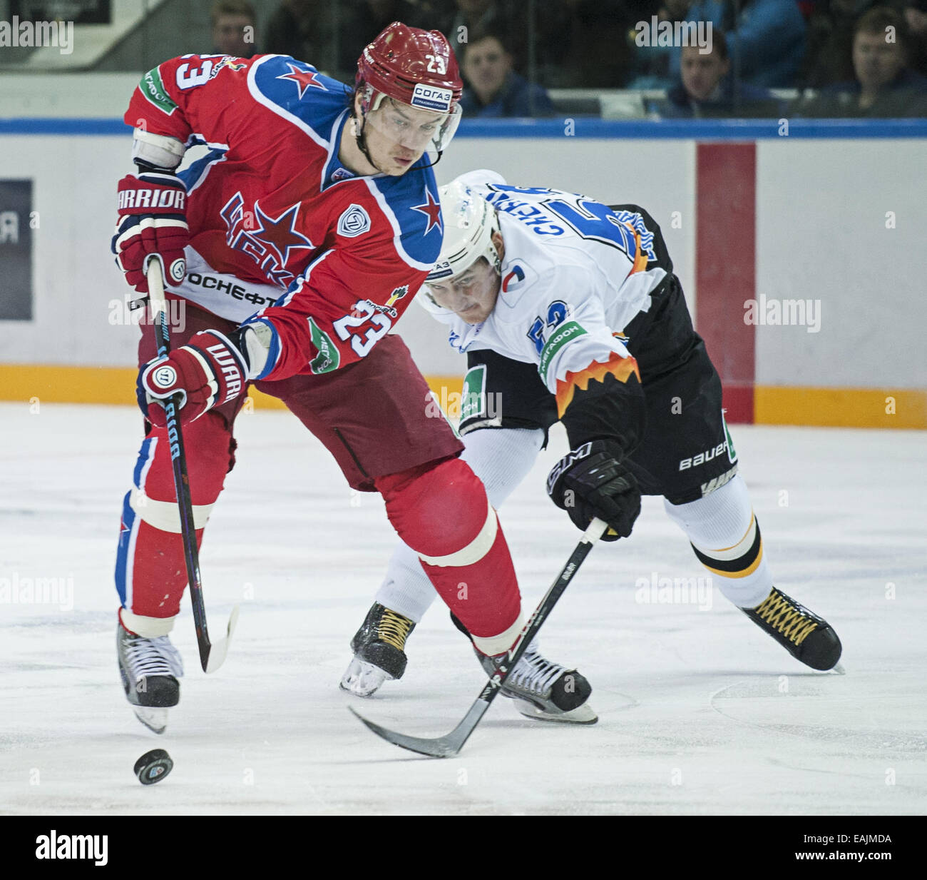 Moscow, Russia. 16th Nov, 2014. Andrei Stas #23 of the CSKA and Pavel ...