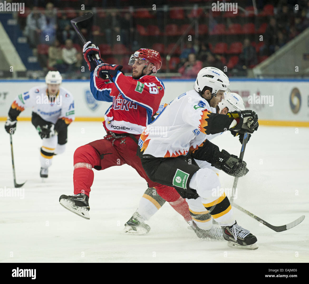 Moscow, Russia. 16th Nov, 2014. Yan Mursak #39 of the CSKA and Nikolai Stasenko #5 of The ...
