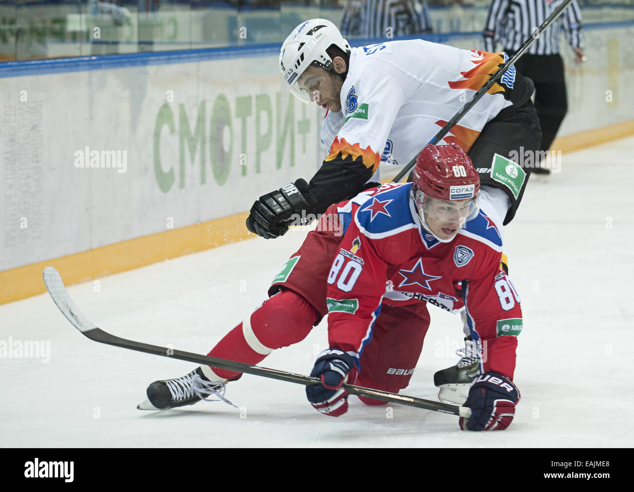 Moscow, Russia. 16th Nov, 2014. Nikita Kvartalnov #80 of the CSKA and Nikolai Stasenko #5 of The ...