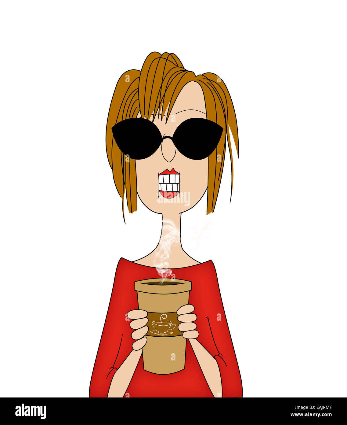 Funny cartoon lady with a large cup of coffee Stock Photo - Alamy