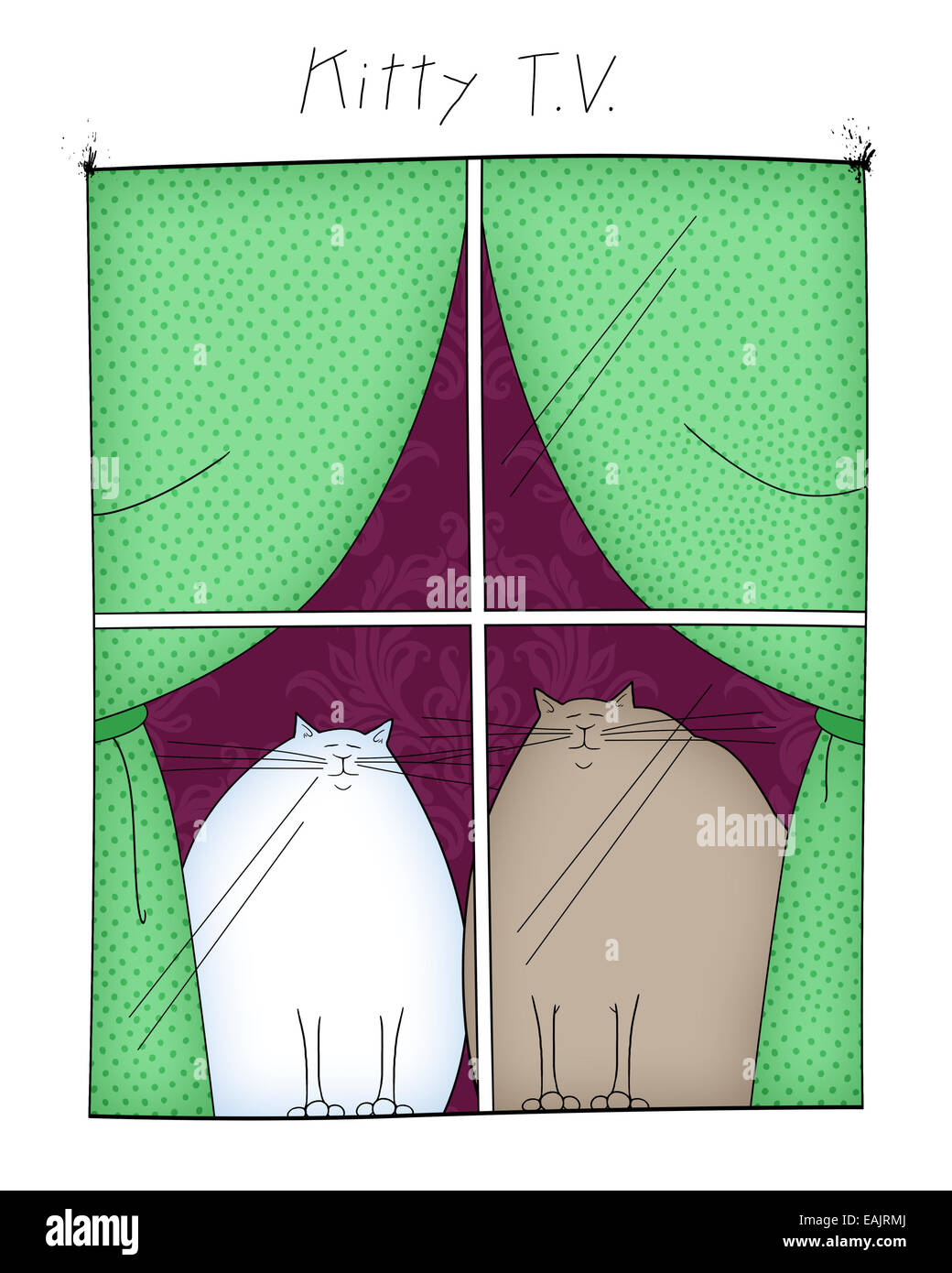 Funny cartoon of two cats looking out the window, which is TV for ...