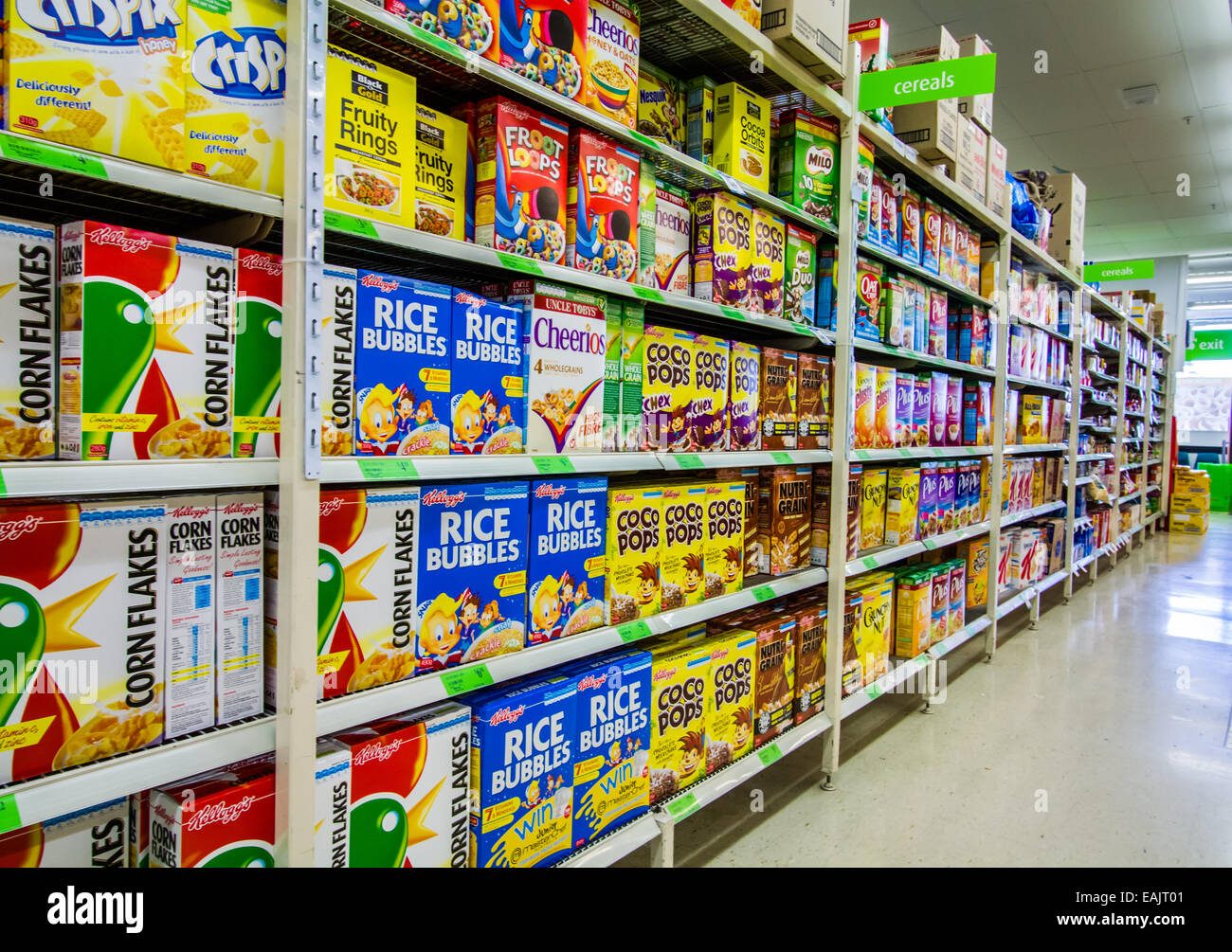 Breakfast cereals on display in supermarket Stock Photo - Alamy