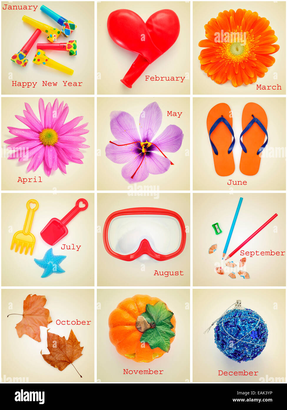 calendar with pictures depicting, with a retro effect, things related ...