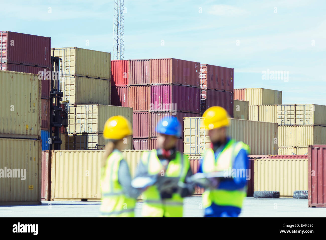 Businessman and workers talking near cargo containers Stock Photo - Alamy