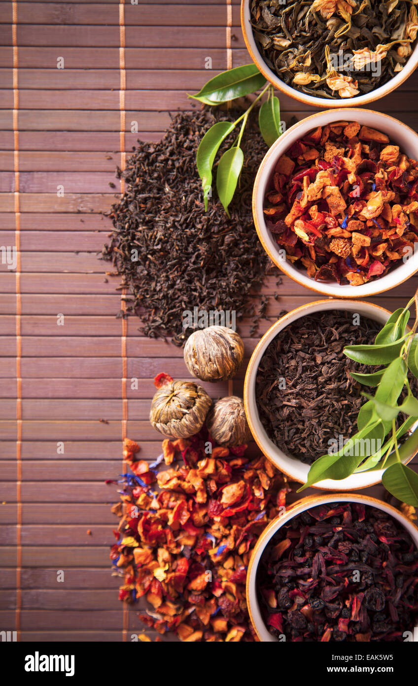 Dry tea in bowls shot from upper view Stock Photo - Alamy