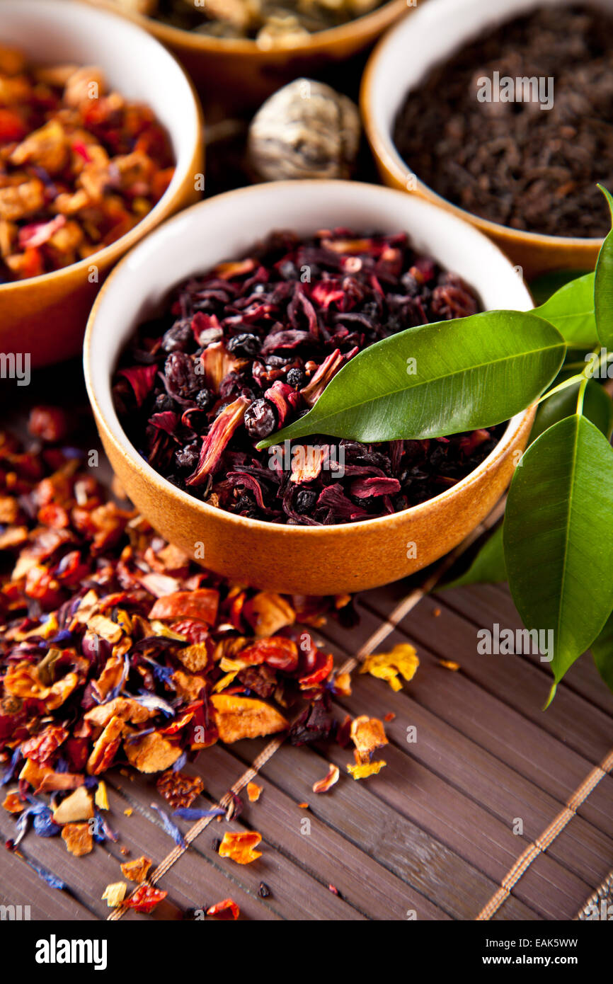 Dry tea in bowls shot from upper view Stock Photo - Alamy