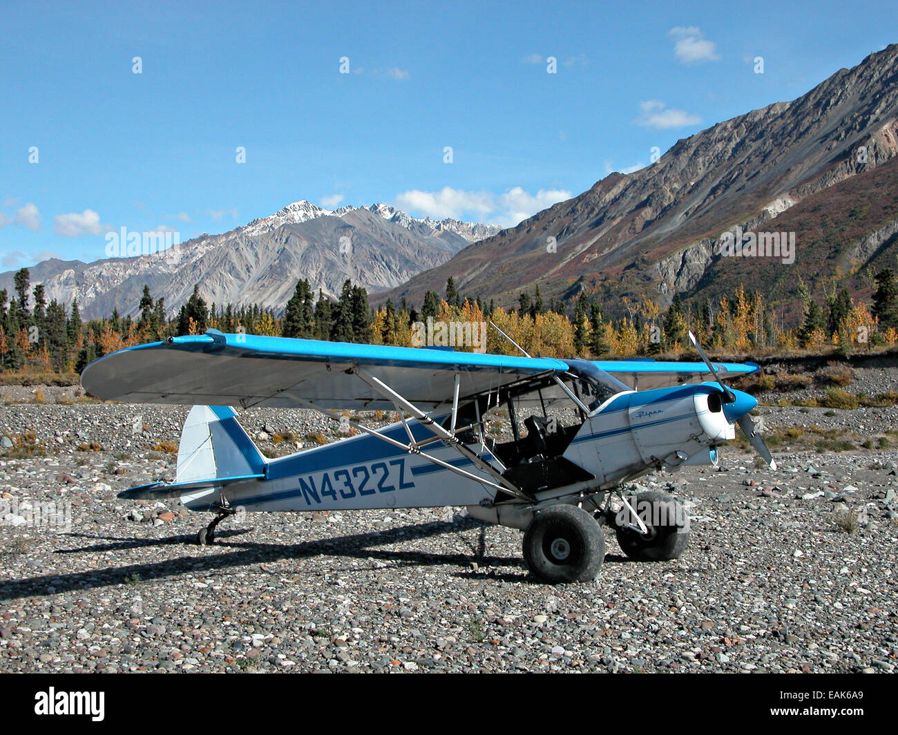 A Piper Super Cub bush plane along a river bed in the Yakutat Stock ...