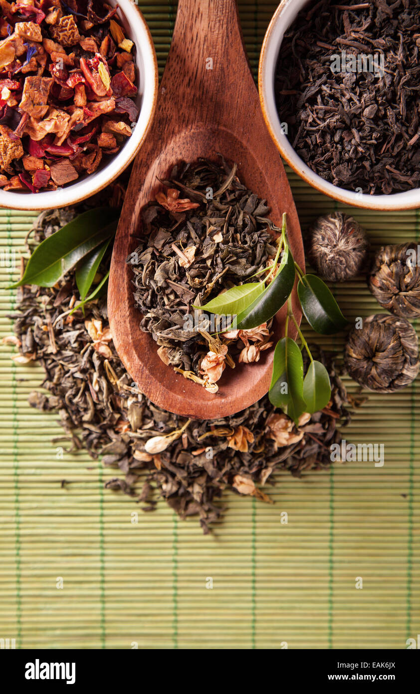 Dry tea in bowls shot from upper view Stock Photo - Alamy