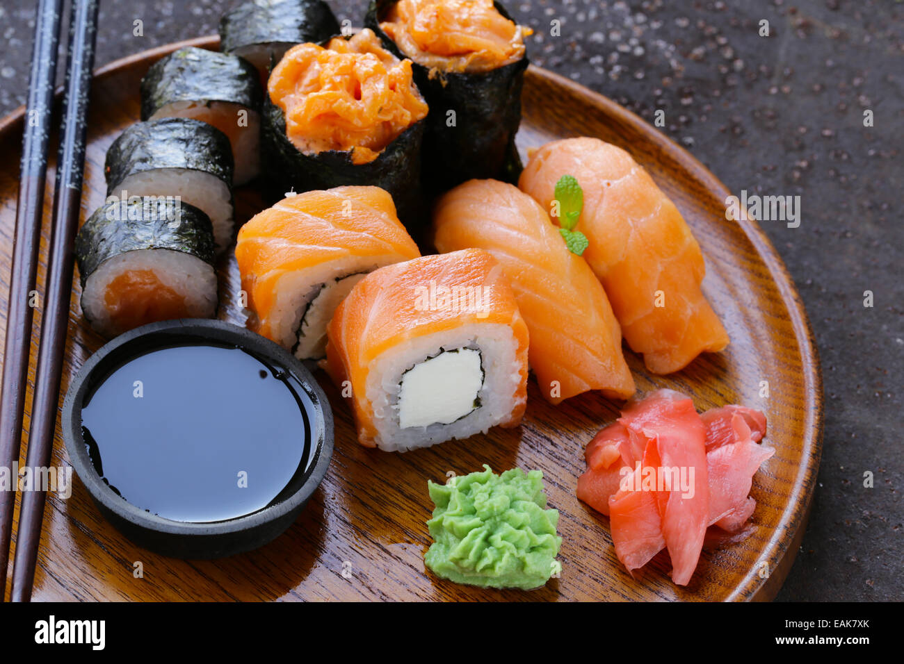 menu of assorted sushi with salmon - Traditional Japanese cuisine Stock ...