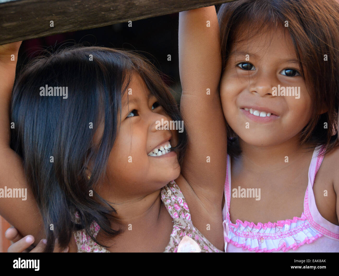 Two girls in an Indian village, Mamirauá-Nationalpark, near Tefe ...