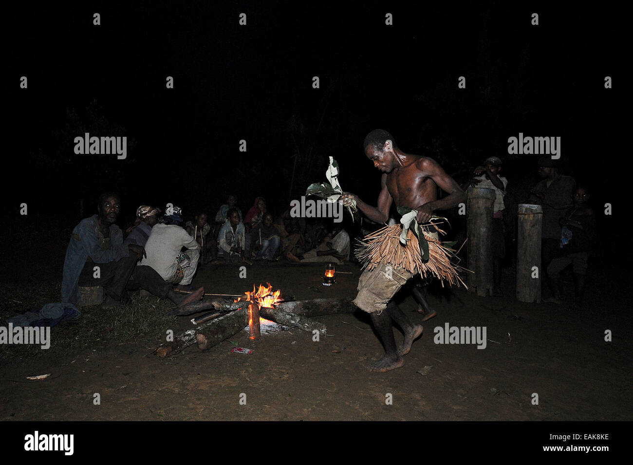 Pygmies of the Bakola people celebrating with song and dance, at night ...