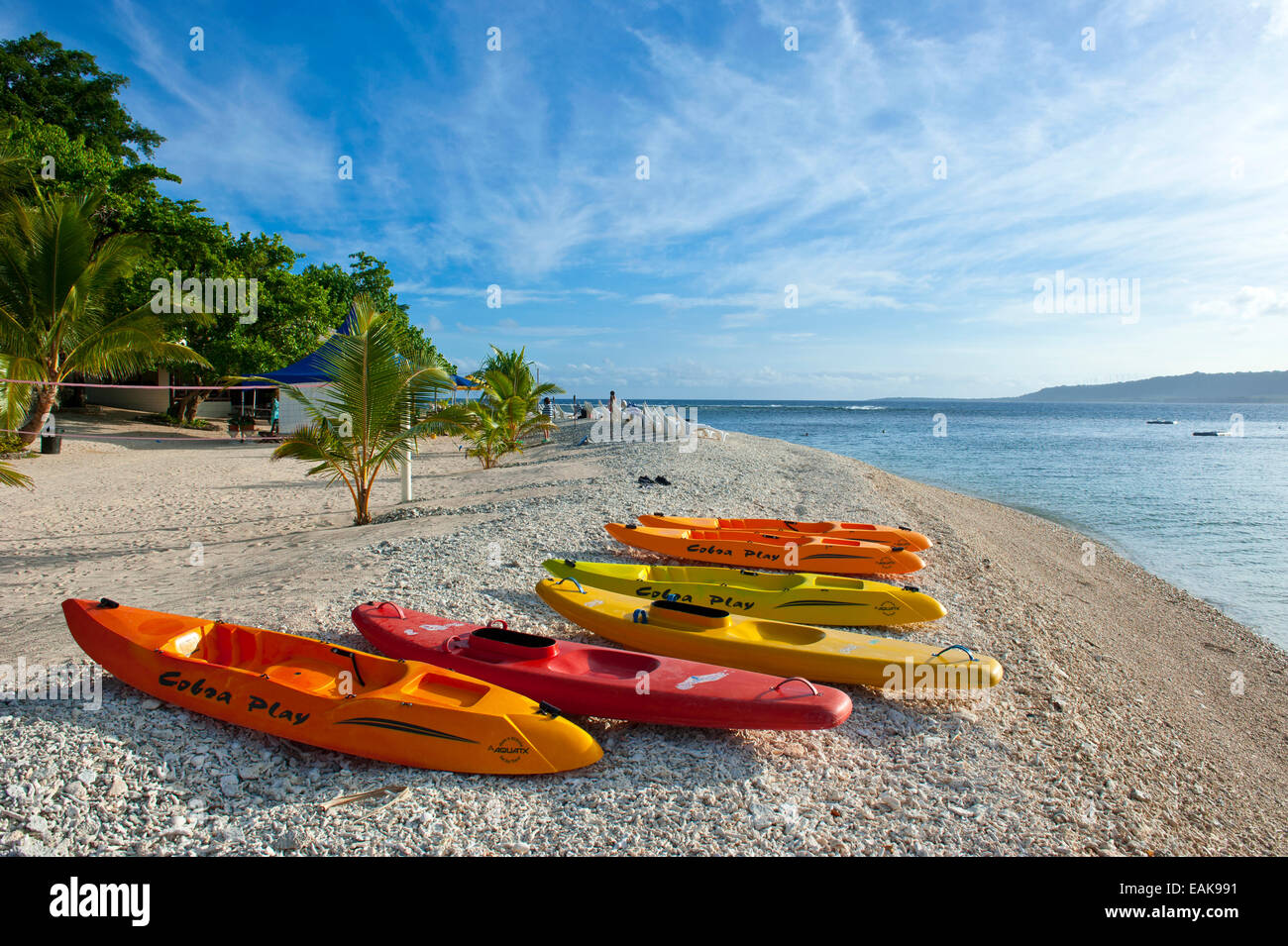 Kajaks at the sandy beach, Hideaway Island, Shefa Province, Vanuatu ...