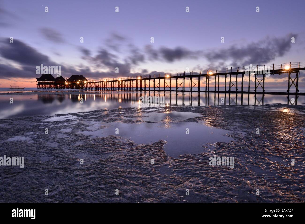 Jetty of the Dongwe Club Hotel at dawn, Dongwe Beach, Dongwe, Zanzibar ...