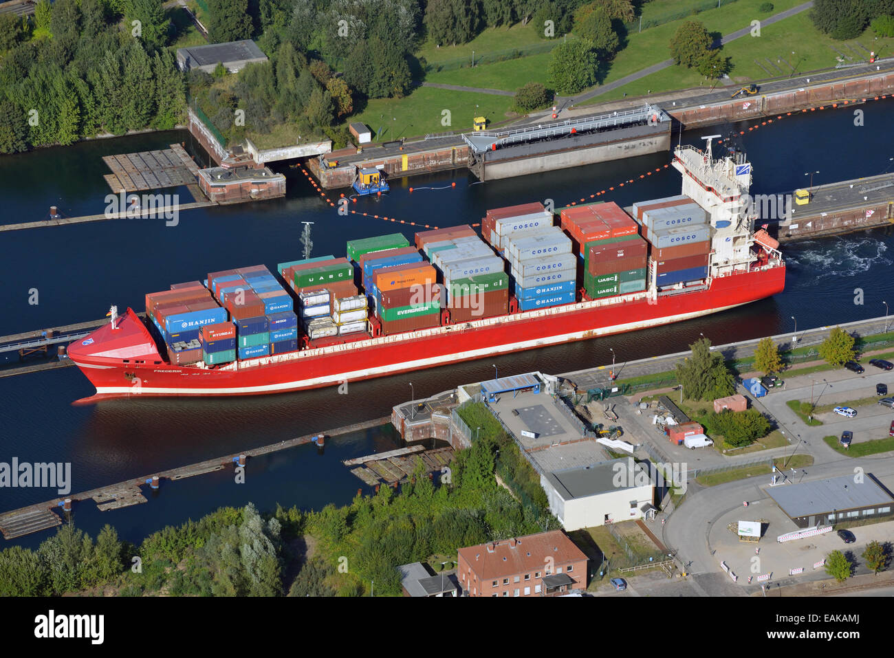 Feeder ship "Frederik" passing the Kiel-Holtenau canal locks, large lock, Kiel Canal, Nord ...