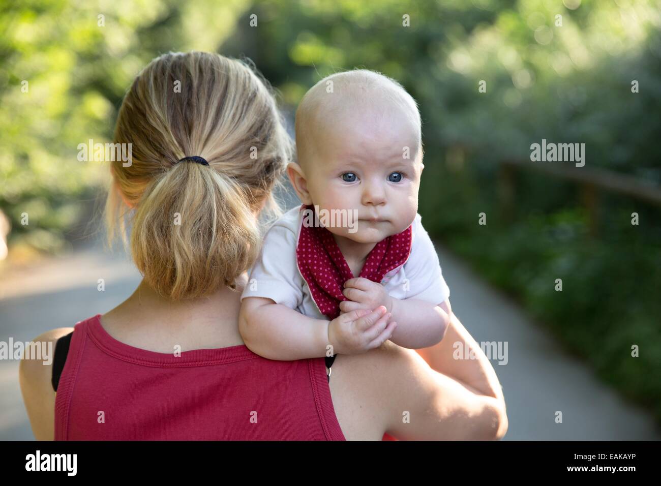 Baby, 4-5 months old, on its mother's arm, Germany Stock Photo - Alamy