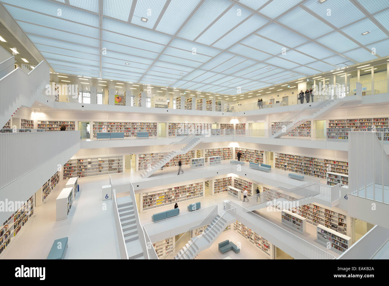 Gallery hall with steps of the Stuttgart City Library on Mailaender ...