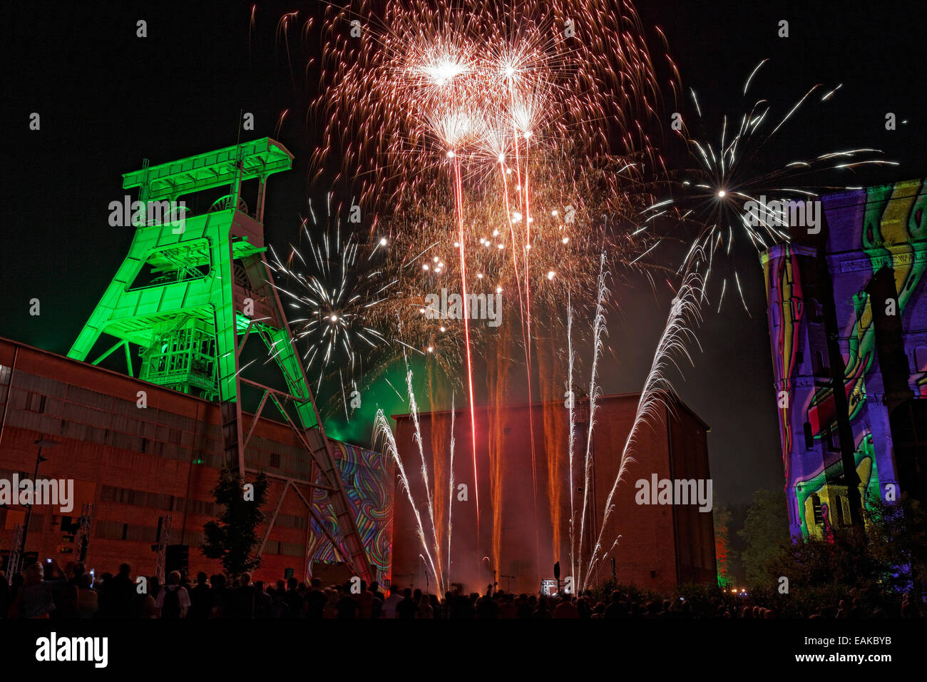 Fireworks over the disused coal mine of Zeche Ewald Colliery during ...