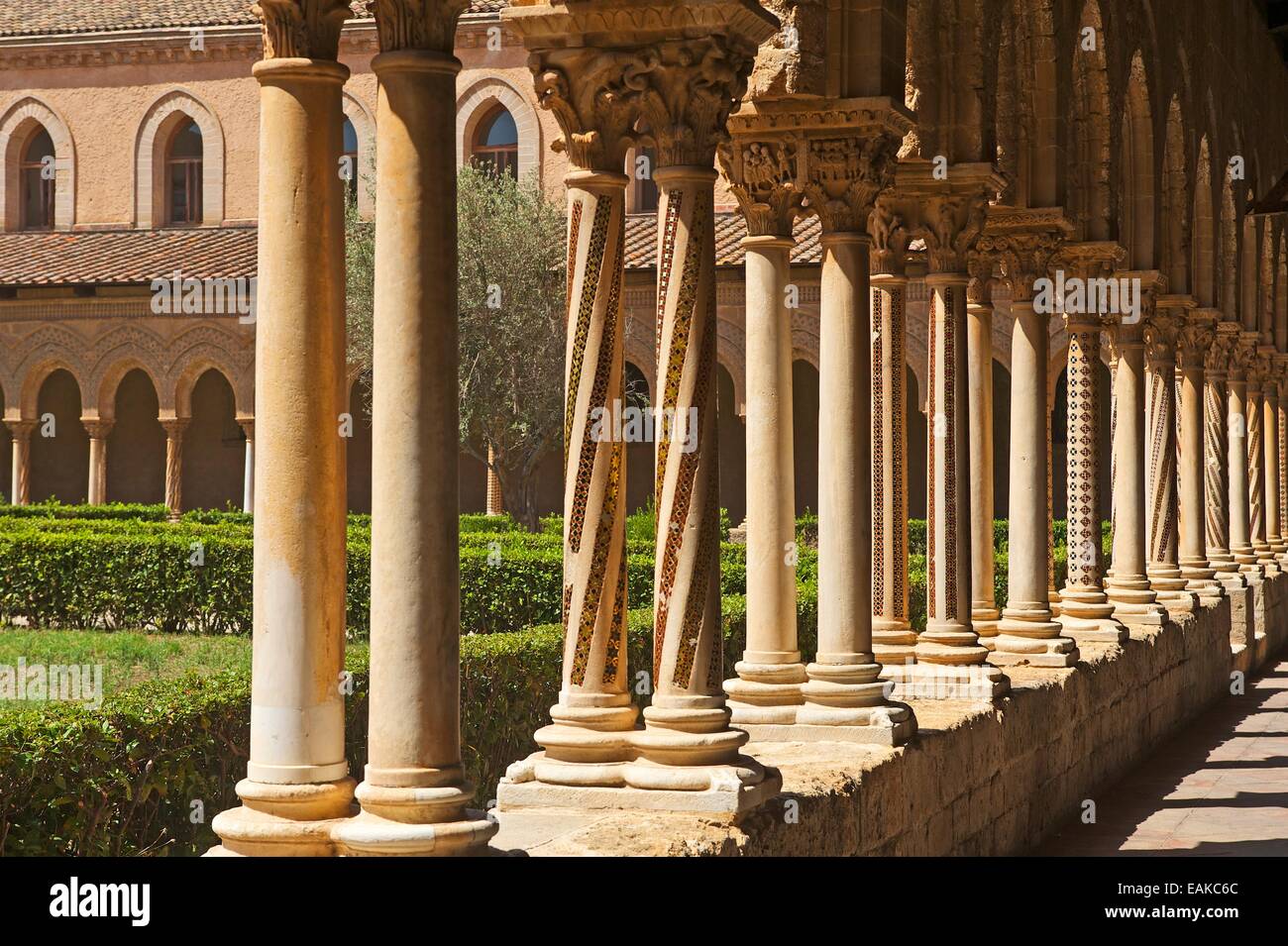 Ornate columns of the cloister, Monreale Cathedral or Cathedral of ...