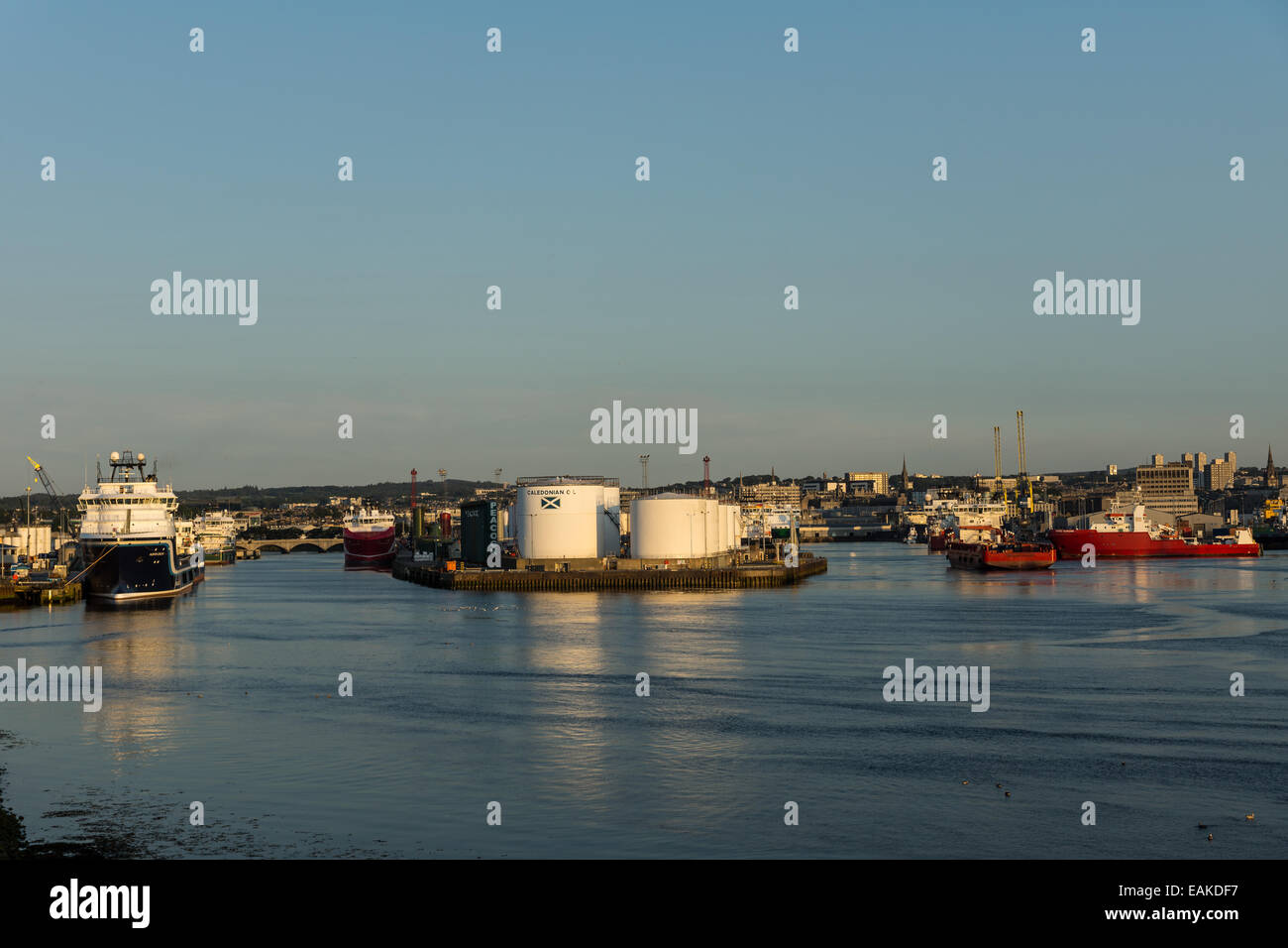 Aberdeen harbour with a view down the River Dee to the Victoria Bridge ...