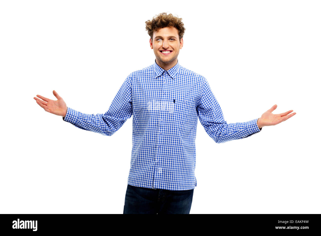 Happy man showing welcome sign isolated on white background Stock Photo ...