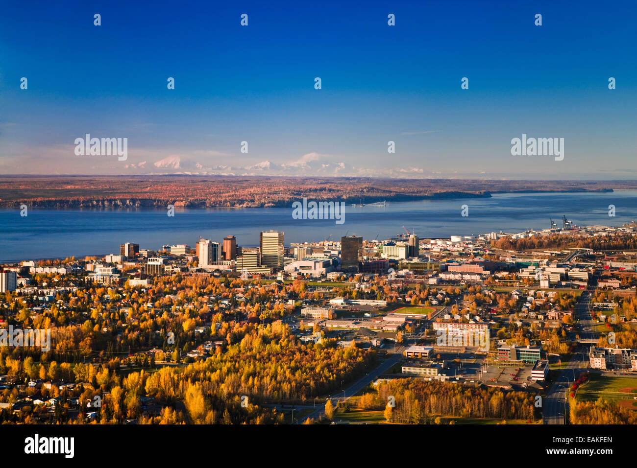 Aerial View Of Downtown Anchorage With The Alaska Range In The ...
