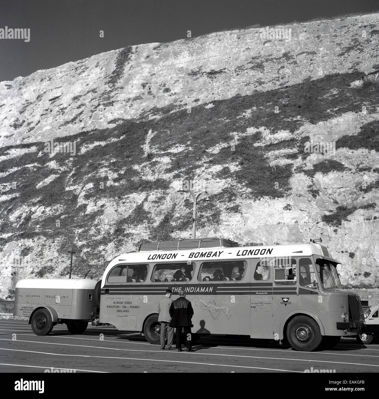 circa 1960, historical, two men standing by 'The Indiaman' bus with ...