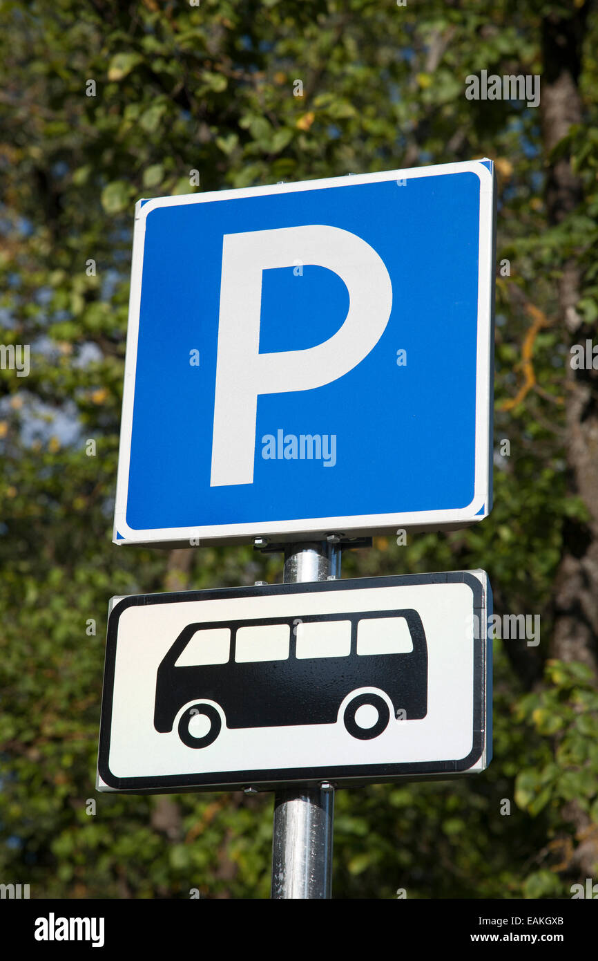 Blue Bus Parking Sign in Nature Setting Stock Photo - Alamy