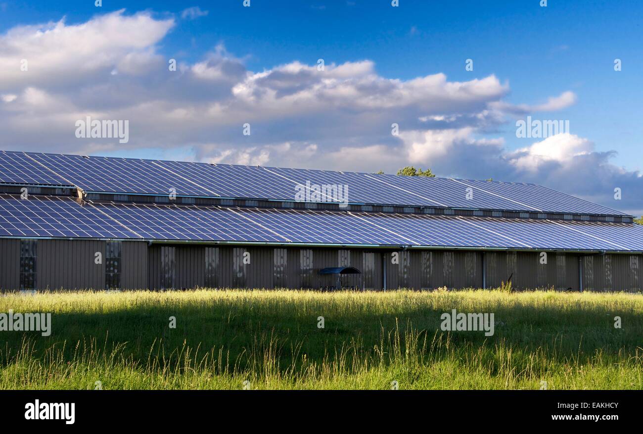 Solar panels on the roof of a shed, Cantal, Auvergne, France Stock ...