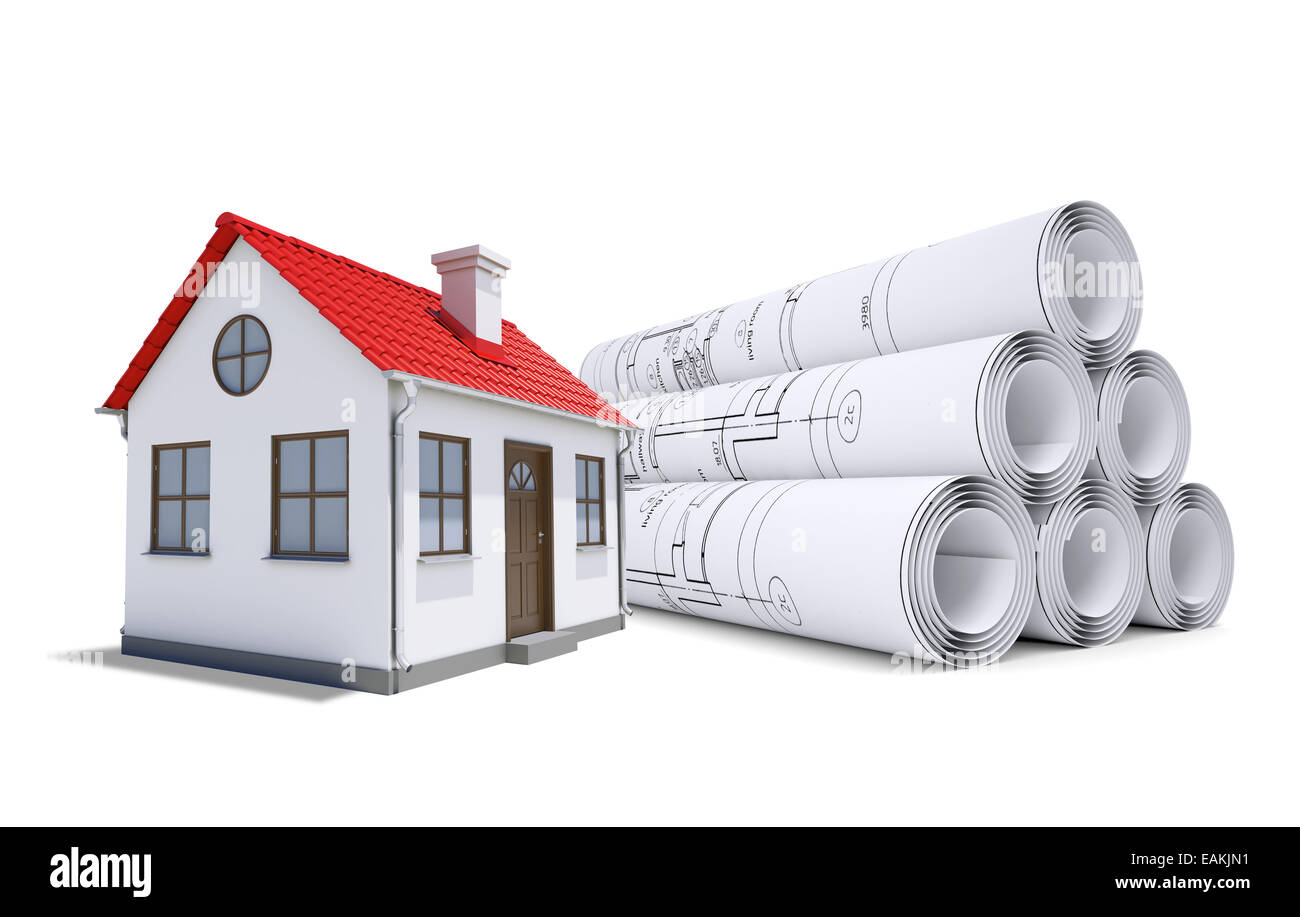 Small model house with red roof near scrolls of architectural drawings ...